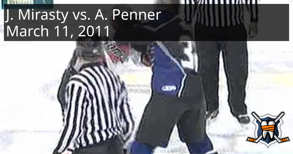 Jon Mirasty vs. Alex Penner, March 11, 2011 - Fort Wayne Komets vs. Colorado Eagles | HockeyFights