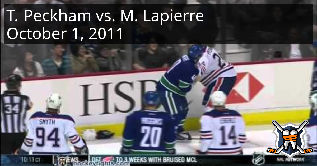 Theo Peckham vs. Maxim Lapierre, October 1, 2011 - Edmonton Oilers vs ...