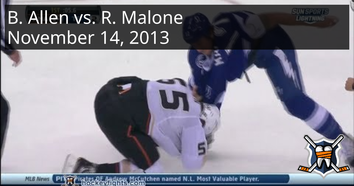 Bryan Allen vs. Ryan Malone, November 14, 2013 - Anaheim Ducks vs ...