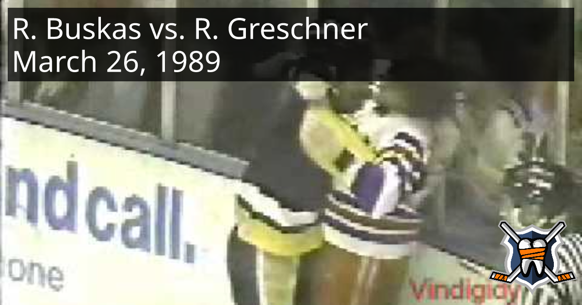 Rod Buskas vs. Ron Greschner, March 26, 1989 - Pittsburgh Penguins vs ...