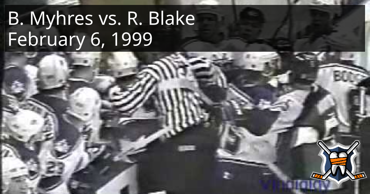 Brantt Myhres vs. Rob Blake, February 6, 1999 - San Jose Sharks vs. Los ...