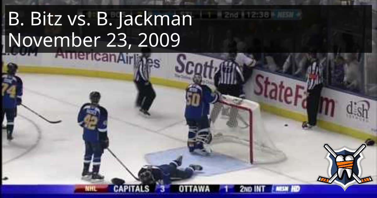 Byron Bitz vs. Barret Jackman, November 23, 2009 - Boston Bruins vs. St ...