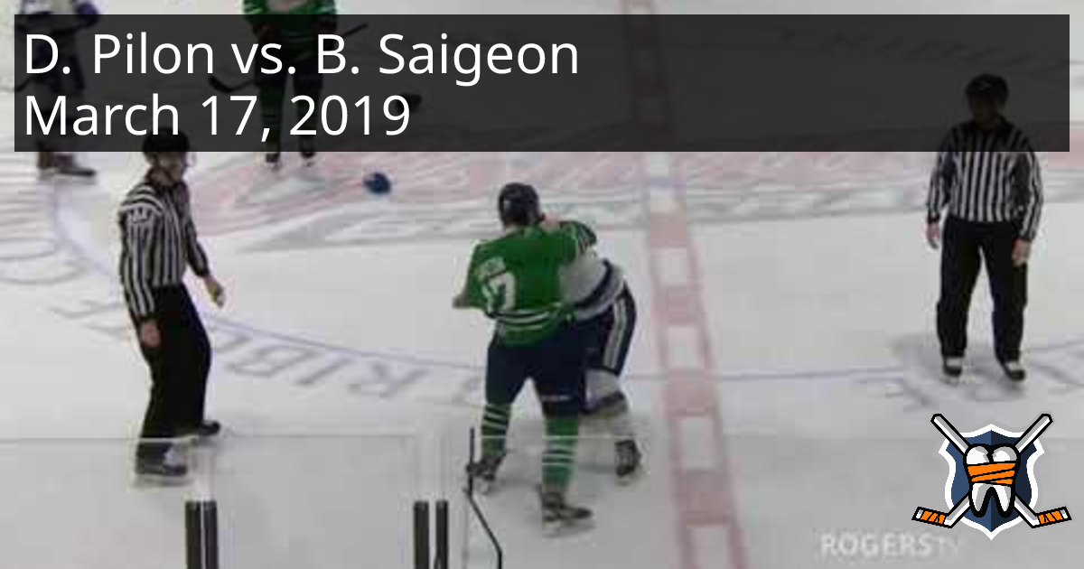 Darian Pilon vs. Brandon Saigeon, March 17, 2019 - Sudbury Wolves vs ...