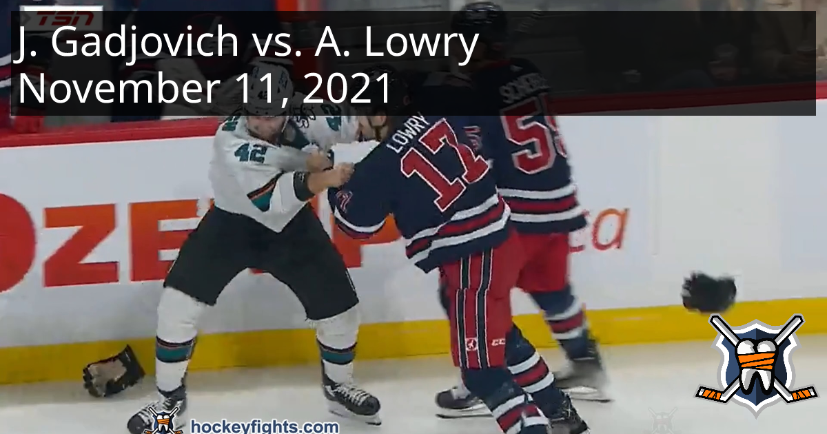 Jonah Gadjovich vs. Adam Lowry, November 11, 2021 - San Jose Sharks vs ...