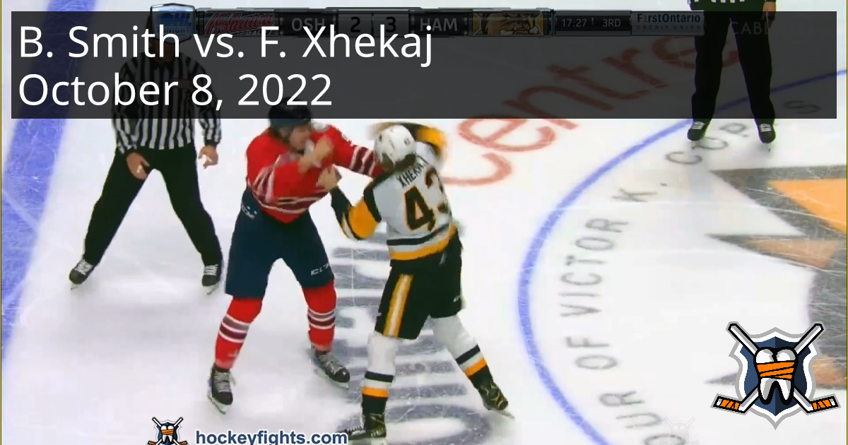 Blake Smith vs. Florian Xhekaj, October 8, 2022 - Oshawa Generals vs. Brantford Bulldogs ...