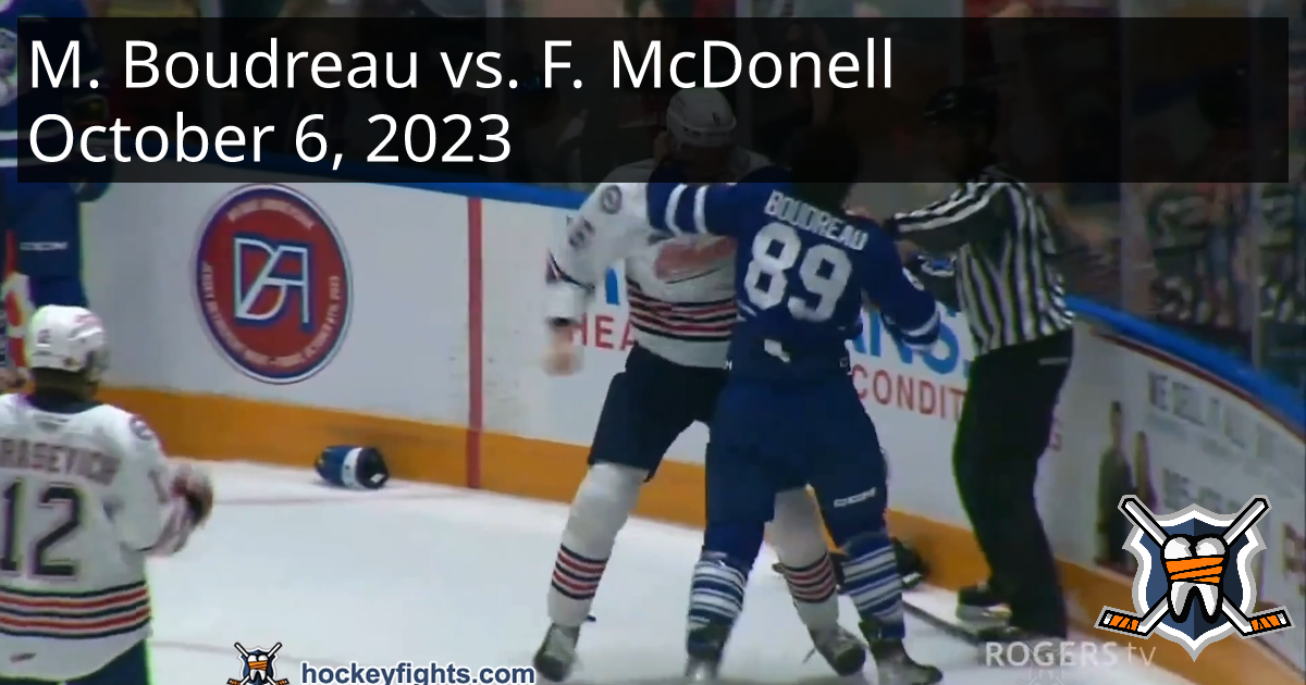 Marc Boudreau vs. Fraser McDonell, October 6, 2023 - Mississauga Steelheads vs. Oshawa Generals ...