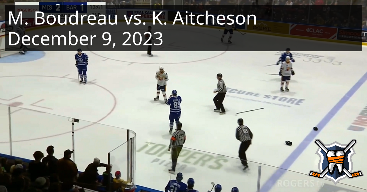 Marc Boudreau vs. Kashawn Aitcheson, December 9, 2023 - Mississauga Steelheads vs. Barrie Colts ...