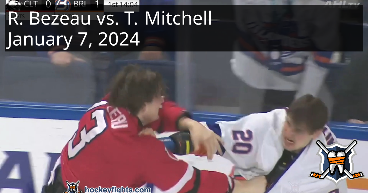 Riley Bezeau vs. Travis Mitchell, January 7, 2024 - Charlotte Checkers vs. Bridgeport Islanders ...