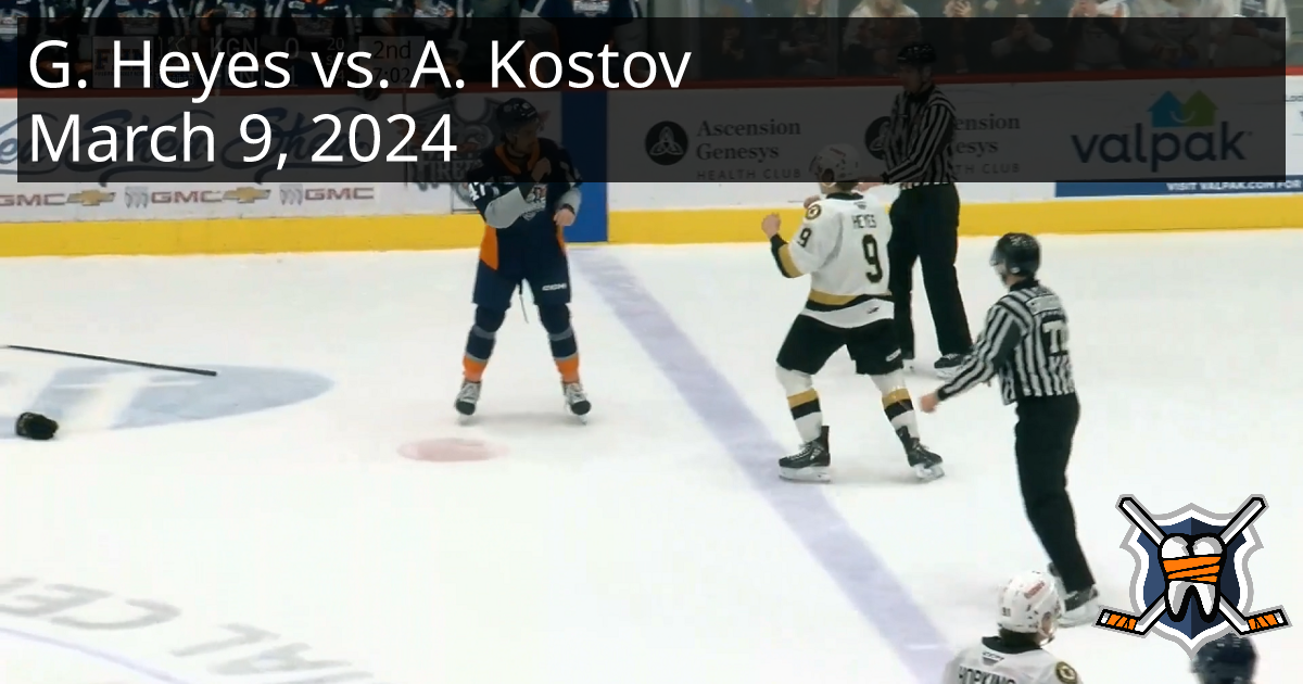 Gage Heyes vs. Alex Kostov, March 9, 2024 - Kingston Frontenacs vs. Flint Firebirds | HockeyFights