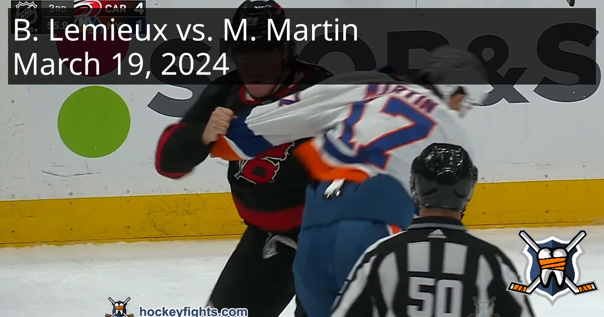 Brendan Lemieux vs. Matt Martin, March 19, 2024 - Carolina Hurricanes vs. New York Islanders ...
