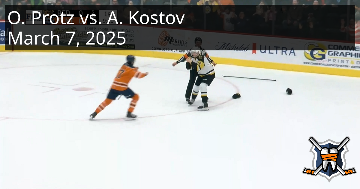 Owen Protz vs. Alex Kostov, March 7, 2025 - Brantford Bulldogs vs. Flint Firebirds | HockeyFights