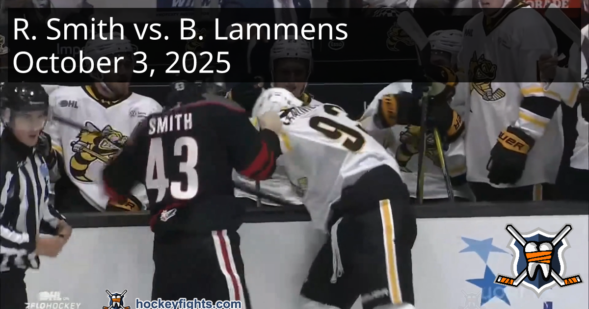 Reyth Smith vs. Brenner Lammens, October 3, 2025 - Niagara IceDogs vs. Sarnia Sting | HockeyFights
